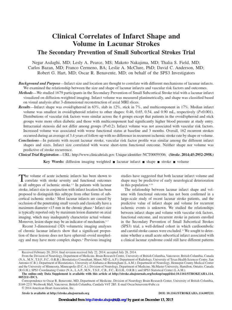 Clinical Correlates of Infarct Shape and Volume in Lacunar Strokes ...