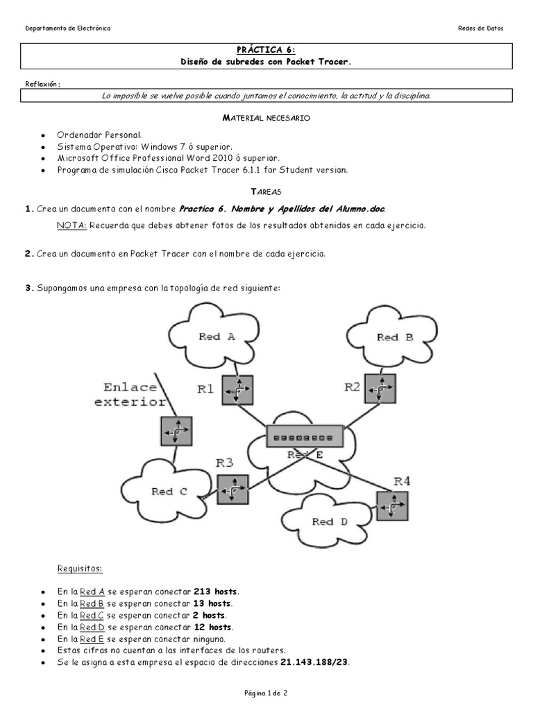 Práctica 6. Diseño de Subredes Con Packet Tracer | PDF | Dirección IP | Enrutador (Computación)