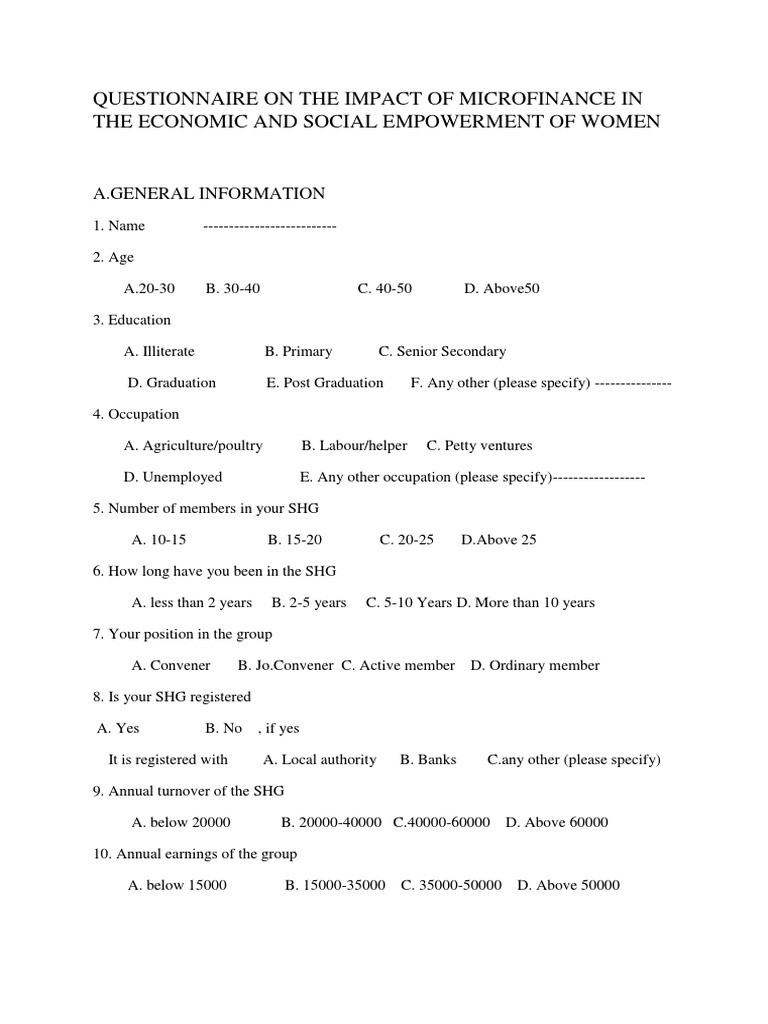 Questionnaire On The Impact of Microfinance in The Economic and Social ...
