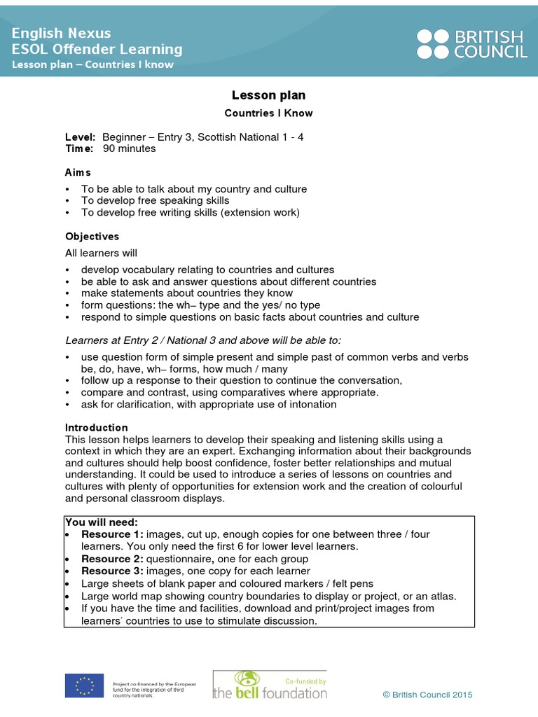 English Nexus ESOL Offender Learning: Lesson Plan - Countries I Know ...