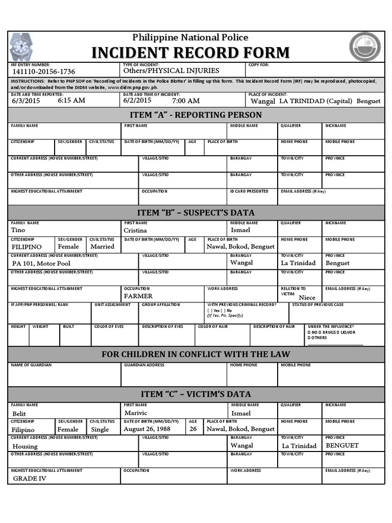 Revised Incident Record Form BELIT | PDF | Police | Criminal Justice