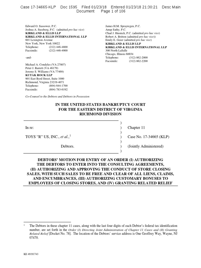 TRU - Store Closing Motion | PDF | Indemnity | Bankruptcy In The United ...