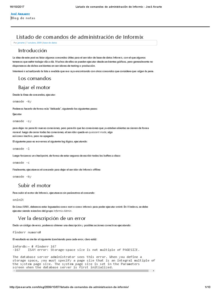 Listado de Comandos de Administración de Informix | PDF | Bases de datos | Servidor (Computación)