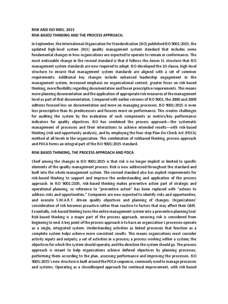 RISK AND ISO 9001: 2015 Risk-Based Thinking and The Process Approach ...