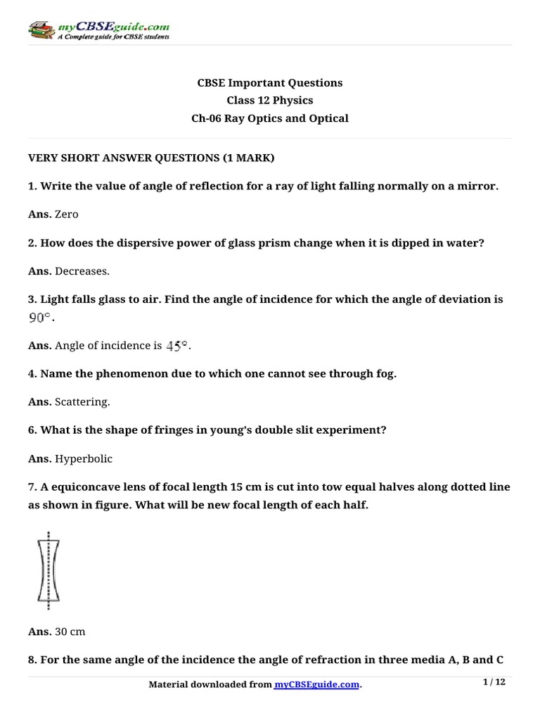 12 Physics Impq Ch06 Mix | PDF | Lens (Optics) | Diffraction