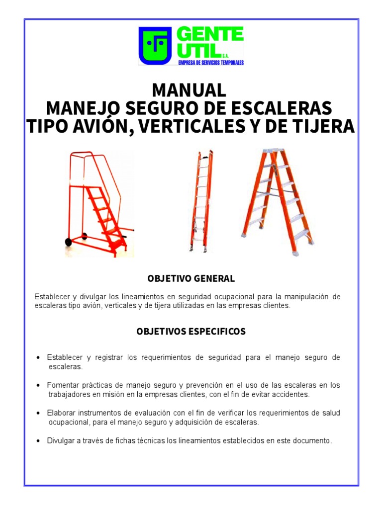 Manual Manejo Seguro de Escaleras Tipo Avion, Verticales y de Tijera | PDF | Escalera ...
