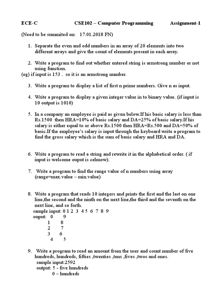 Ece C Cse102 Computer Programming Assignment 1 Pdf String Computer Science Function 