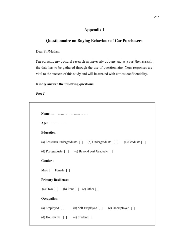 Appendix I Questionnaire On Buying Behaviour of Car Purchasers | PDF ...