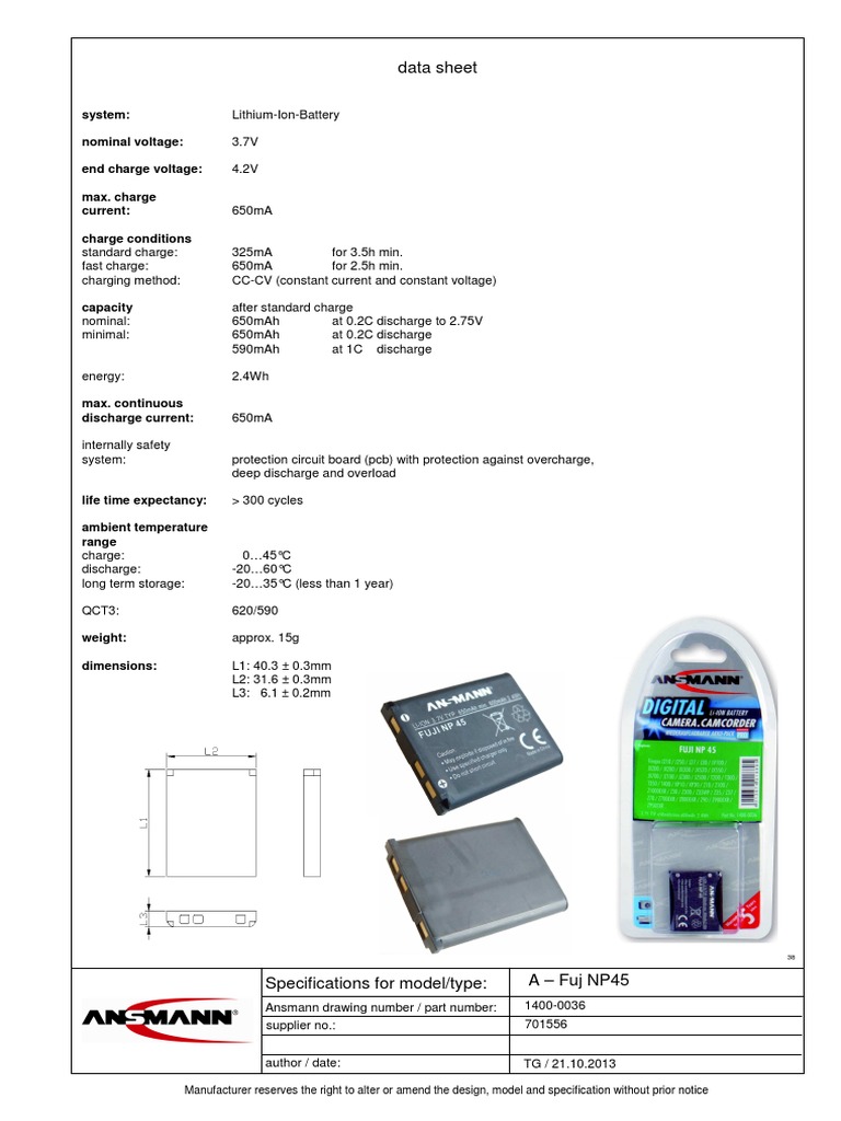 Data Sheet: System: Nominal Voltage: End Charge Voltage: Max. Charge ...