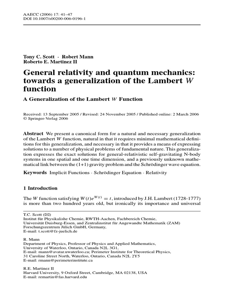 General Relativity and Quantum Mechanics-Toward A Generalization of The Lambert W Function ...
