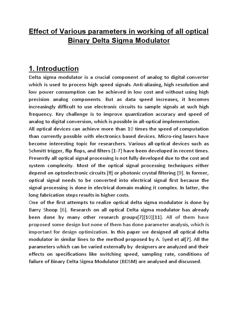 Effect of Various Parameters in Working of All Optical Binary Delta Sigma Modulator | PDF ...