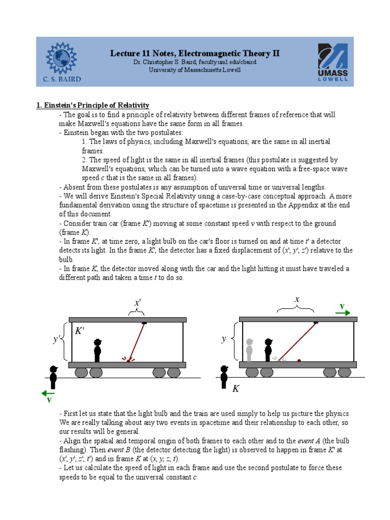 Lecture 11 Notes, Electromagnetic Theory II: 1. Einstein's Principle of ...