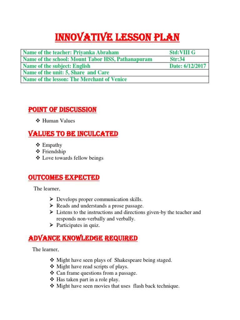 Innovative Lesson Plan | PDF | The Merchant Of Venice | Lesson Plan