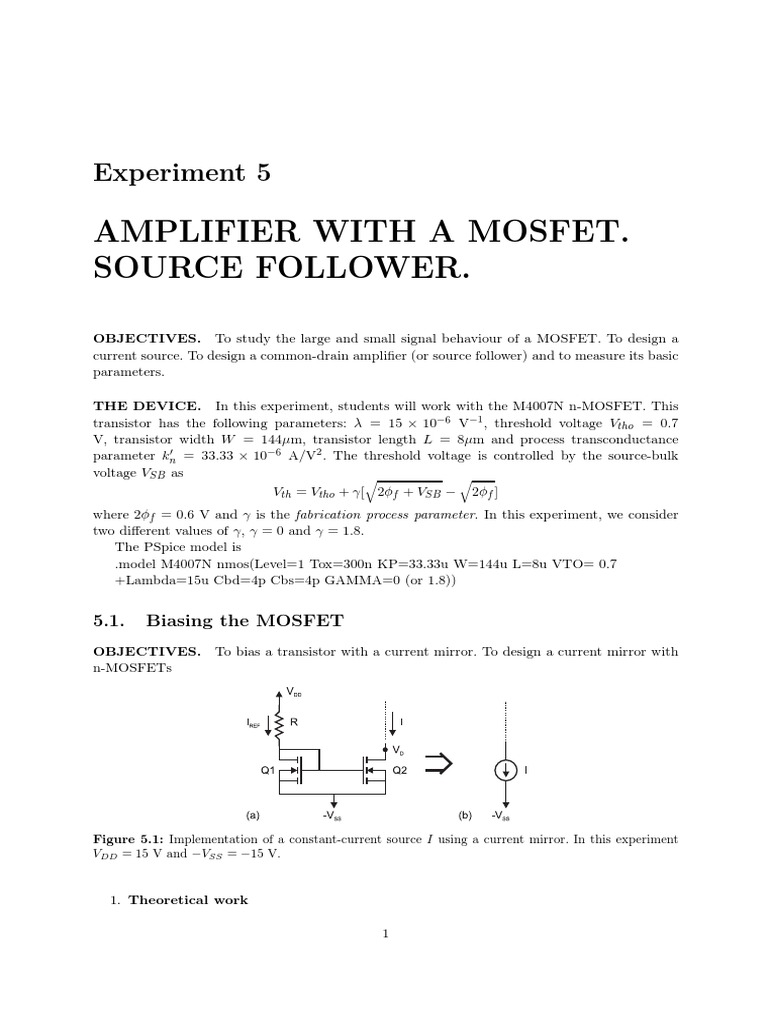 Amplifier With A Mosfet. Source Follower.: Experiment 5 | PDF | Mosfet ...