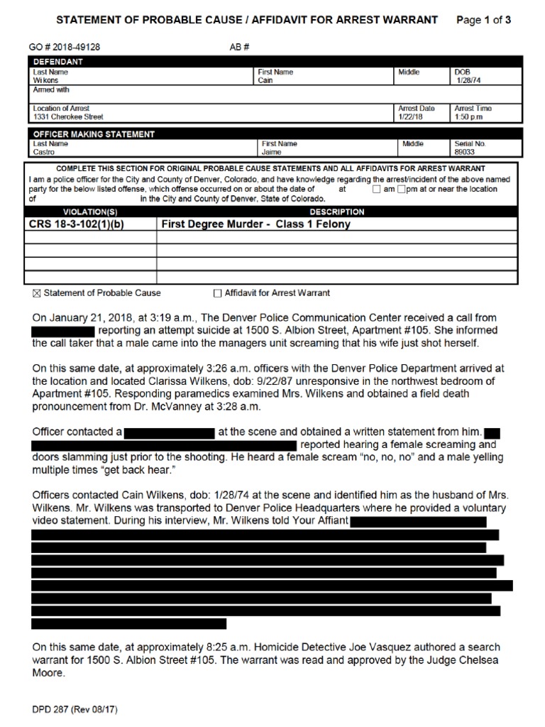 Cain Wilkens Probable Cause Statement | PDF | Arrest Warrant | Affidavit