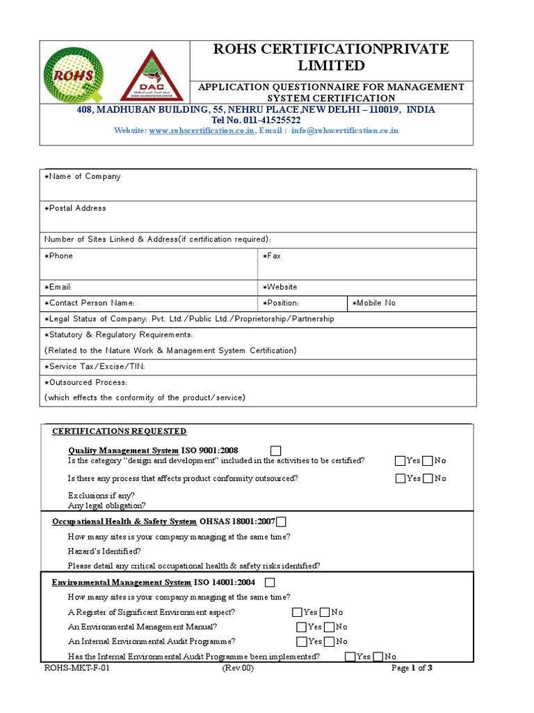 Application Form Rohs | Download Free PDF | Occupational Safety And ...