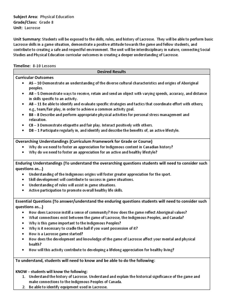 Grade 8 Lacrosse Unit Plan: Skills & History | PDF | Team Sports | Teams