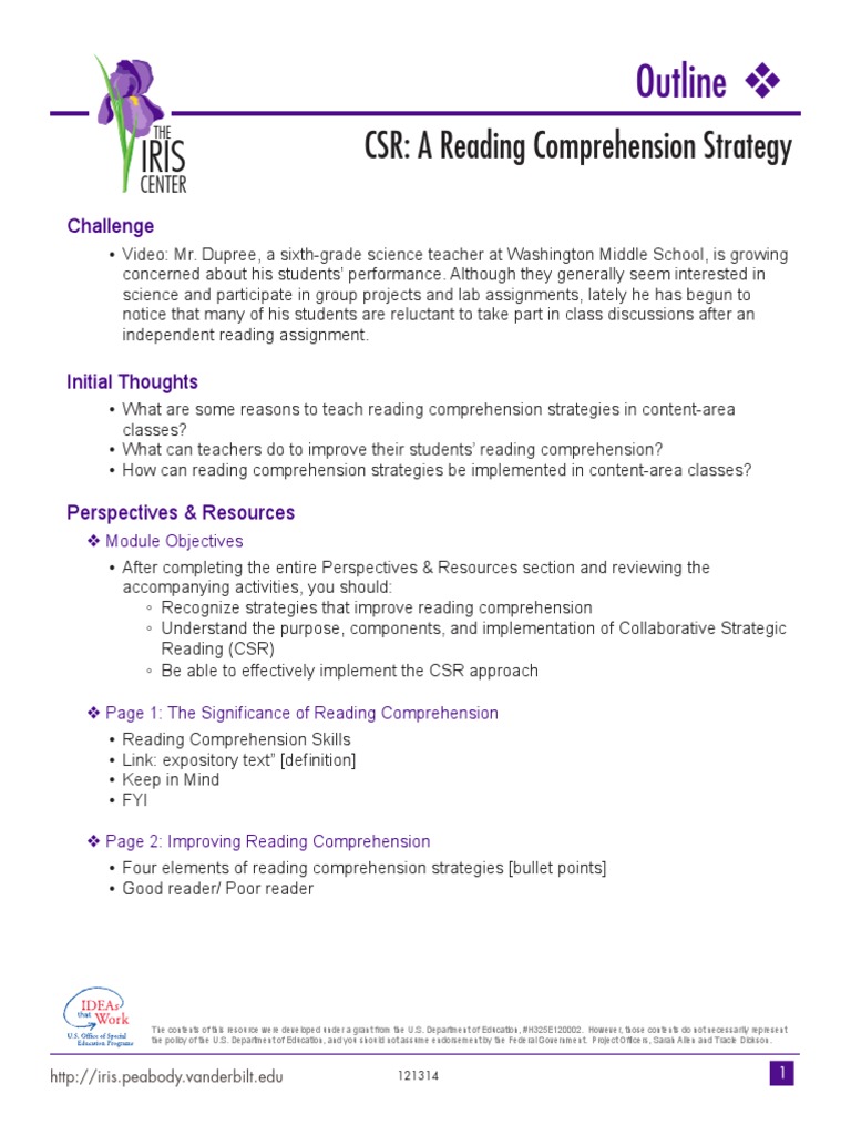 Outline: CSR: A Reading Comprehension Strategy | PDF | Reading ...