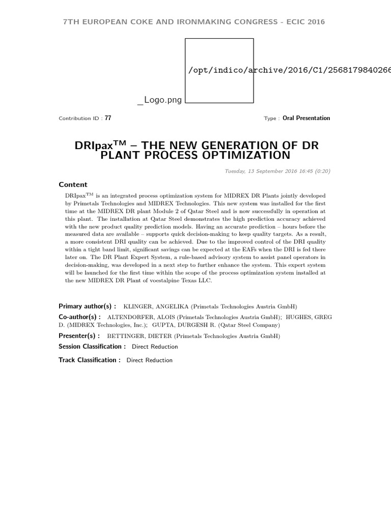 DRIpax™ - THE NEW GENERATION OF DR PLANT PROCESS OPTIMIZATION - Contribution | PDF