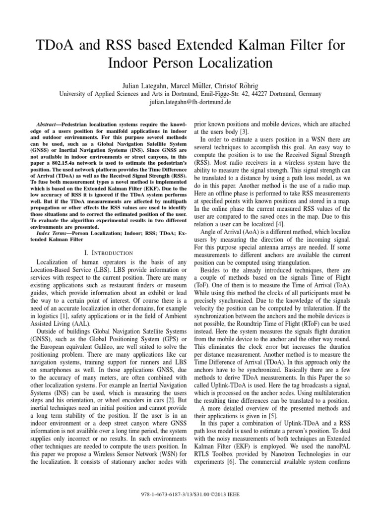 Tdoa and Rss Based Extended Kalman Filter For Indoor Person Localization | PDF | Inertial ...