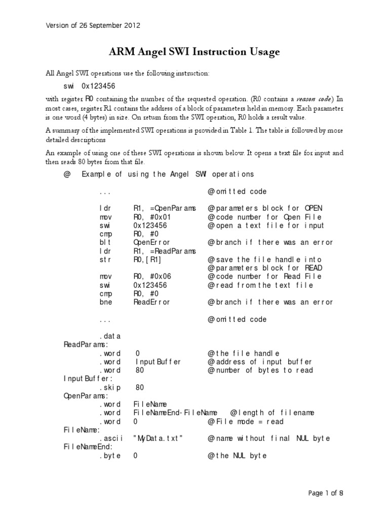 ARM Angel SWI Instruction Usage: Version of 26 September 2012 | PDF ...