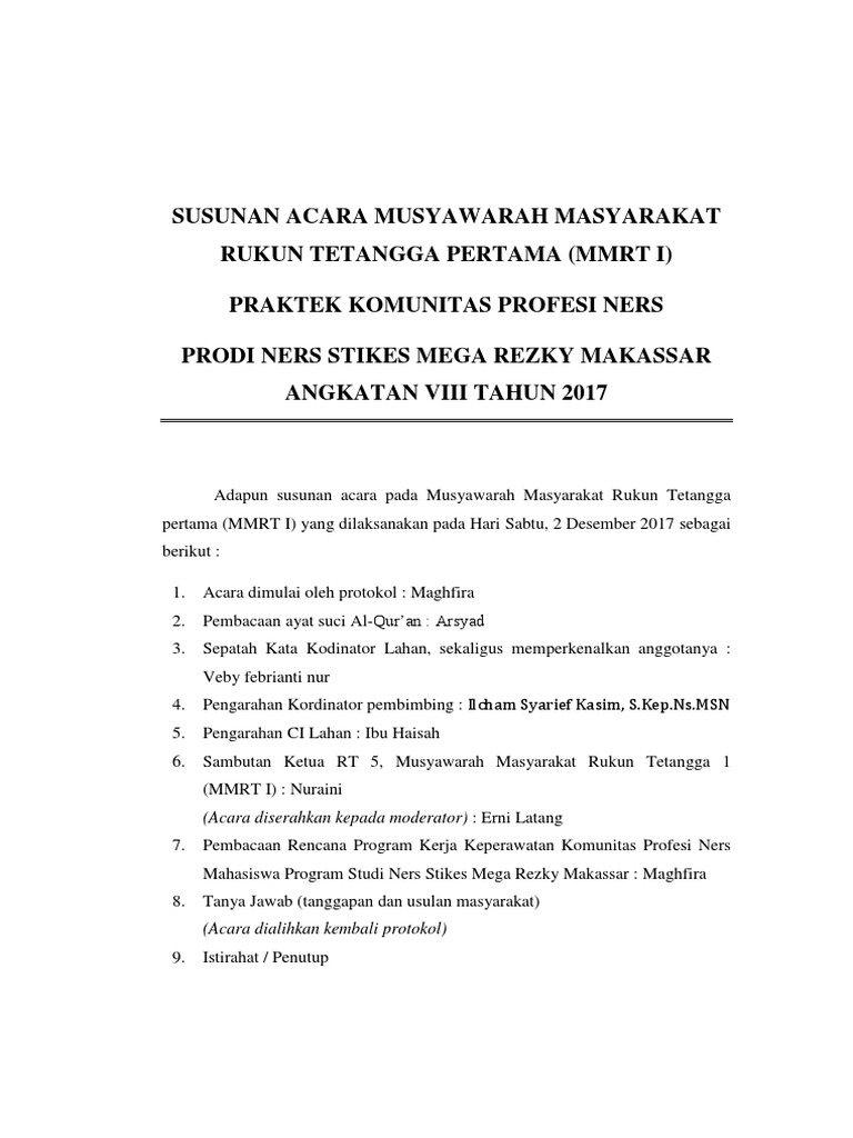 Susunan Acara Musyawarah RT MMRT I | PDF