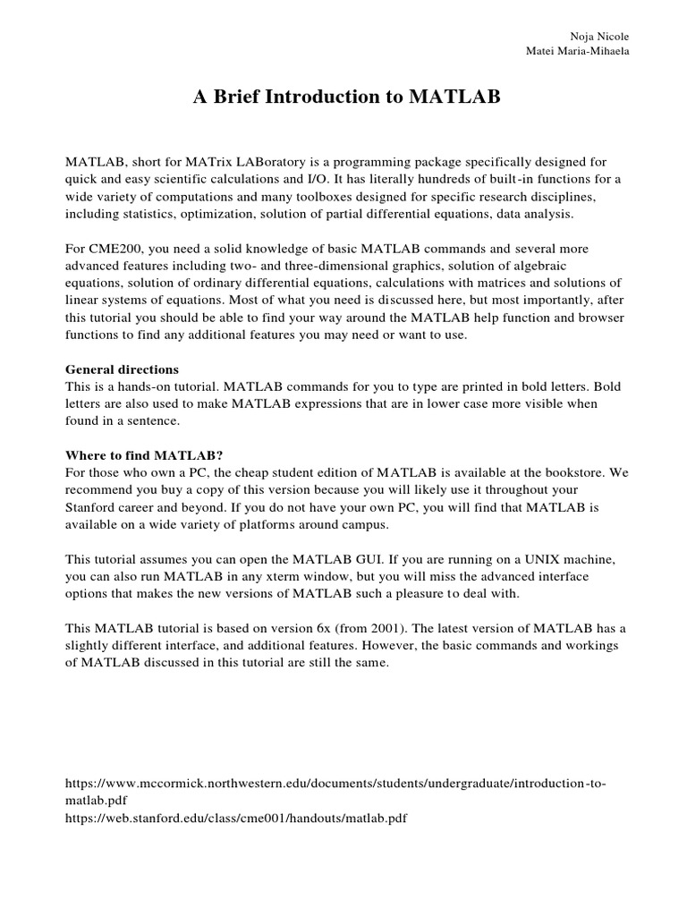 A Brief Introduction To MATLAB: General Directions | PDF