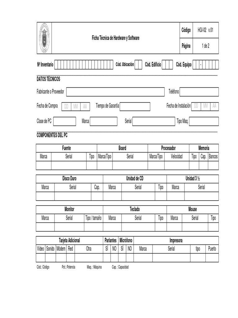 Ficha Tecnica de Hardware y Software PDF | PDF | Hardware de la computadora | Equipo de oficina