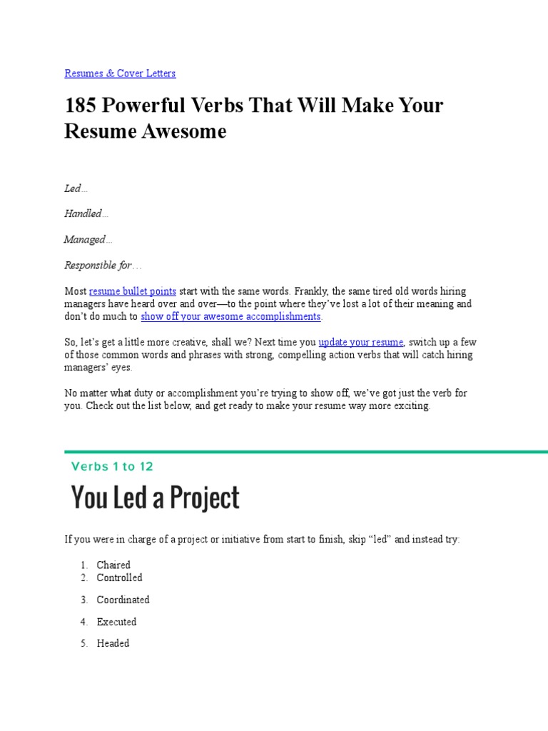 185 Powerful Verbs That Will Make Your Resume Awesome: Resumes & Cover ...