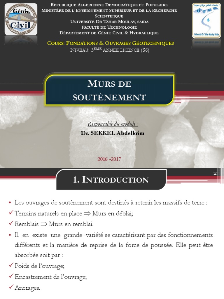 Murs de Soutènement Licence 1 | PDF | Ingénierie civile | Génie du bâtiment