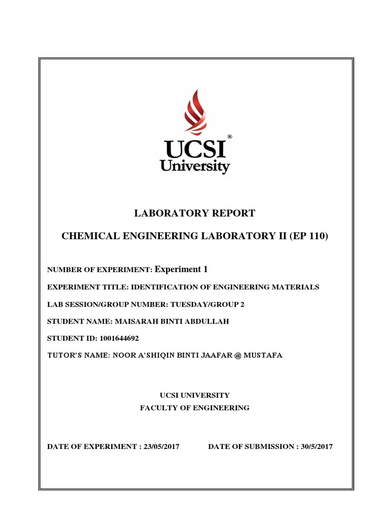 Laboratory Report Chemical Engineering Laboratory Ii (Ep 110) | PDF ...