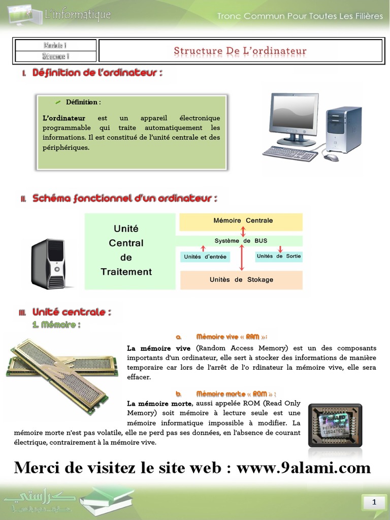 Structure de Base D Un Ordinateur Cours Dinformatique Tronc Commun PDF ...