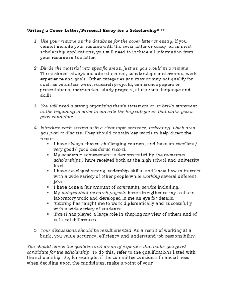 Writing A Cover Letter/Personal Essay For A Scholarship | PDF