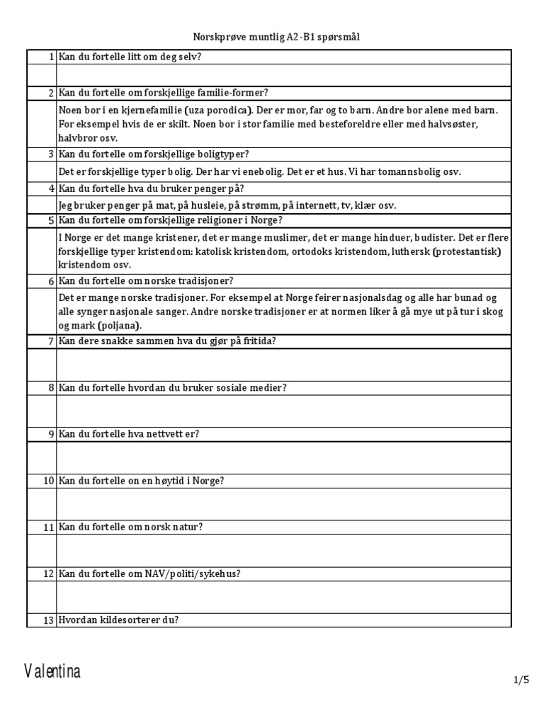 Muntlig A2-B1 Spørsmål | PDF