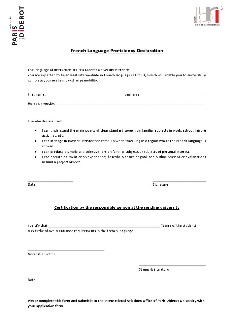 French Language Proficiency Declaration b1 | PDF