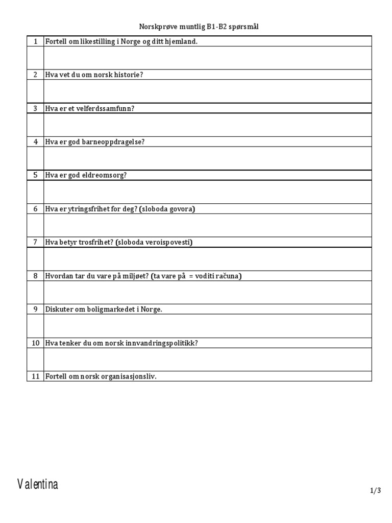 Muntlig B1-B2 Spørsmål | PDF