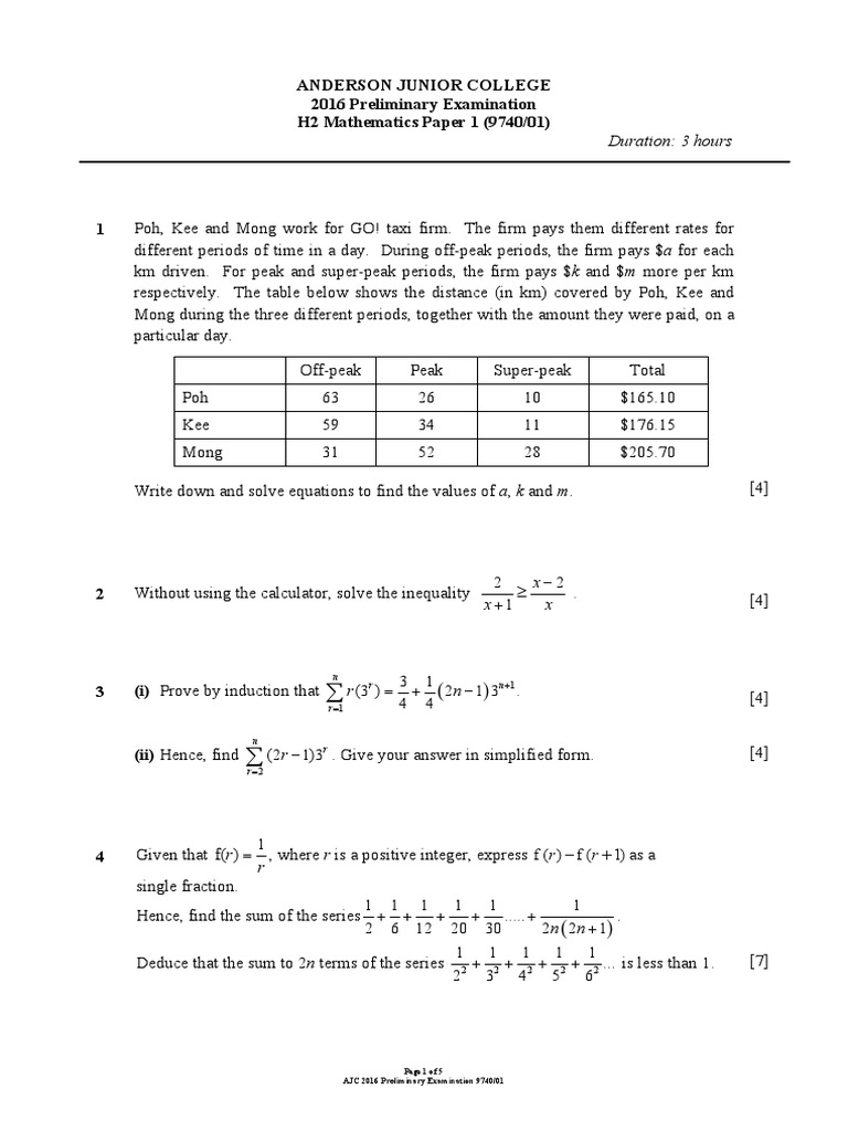2016 AJC H2 JC2 Prelim Paper 1 (Questions) | PDF | Differential ...