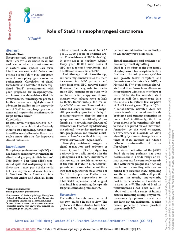 Role of Stat3 in Nasopharyngeal Carcinoma: Review | Download Free PDF ...