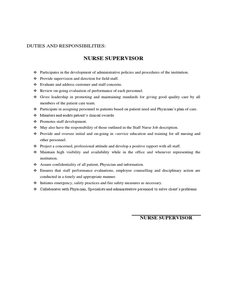 Nurse Supervisor Job Description | PDF | Career & Growth | Self-Improvement