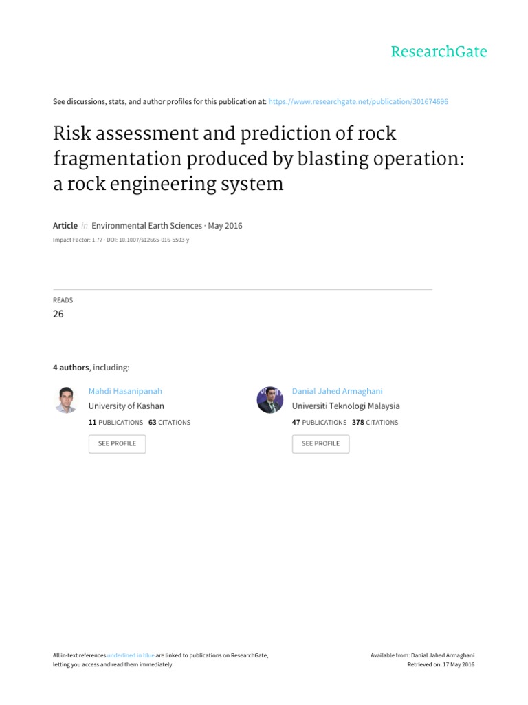 Risk Assessment And Prediction Of Rock Fragmentation Produced By Blasting Operation A Rock