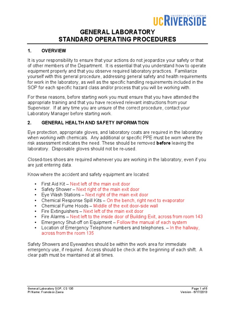 4 Sop General Lab 2013-07 | PDF | Laboratories | Personal Protective ...