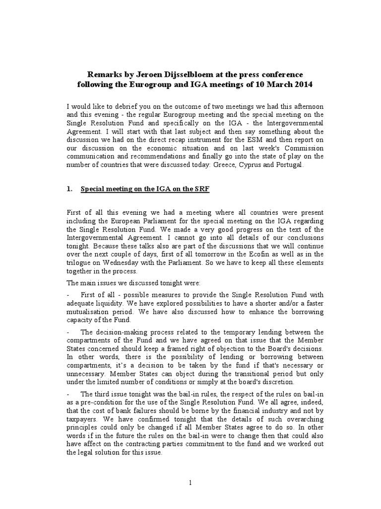 Eurogroup President Provides Updates on Progress Made Towards ...