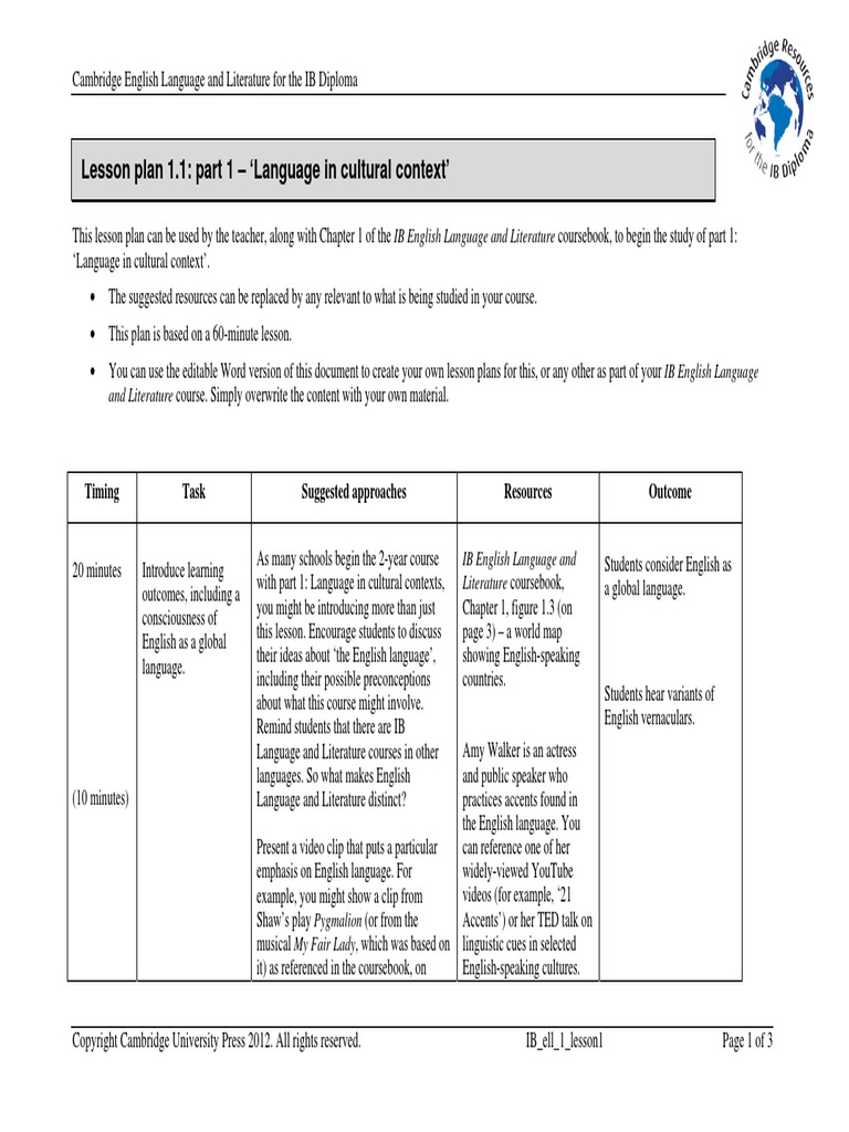 IB Ell 1 Planning Lesson1 | English Language | Textbook