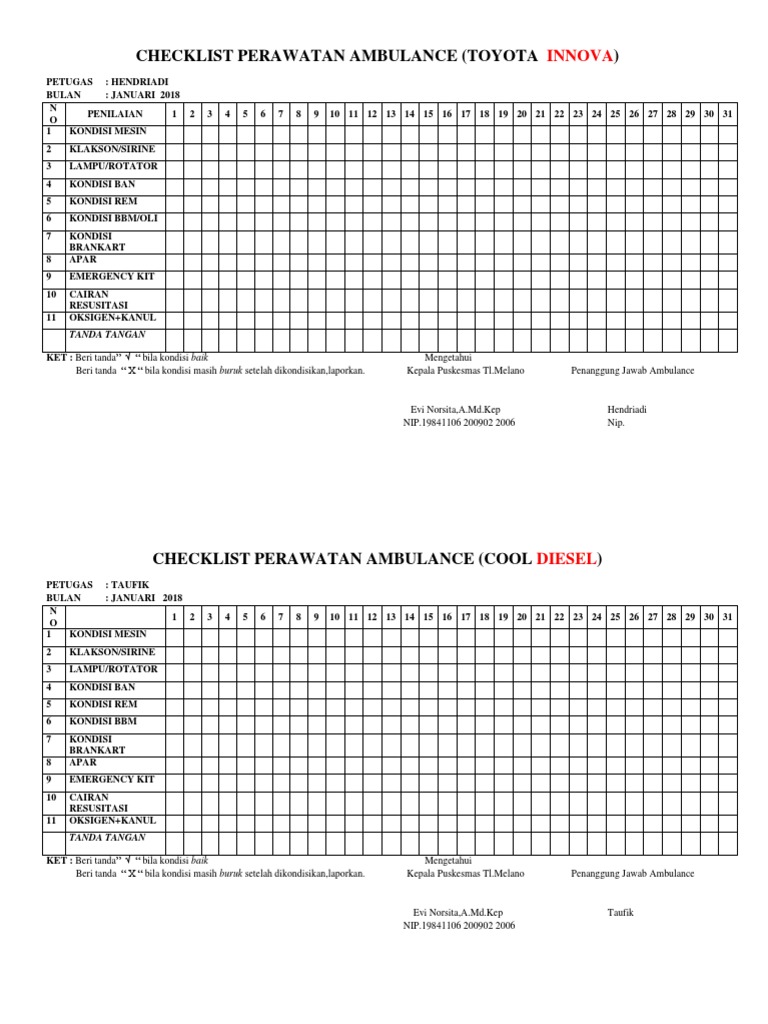 Checklist Perawatan Ambulance | PDF
