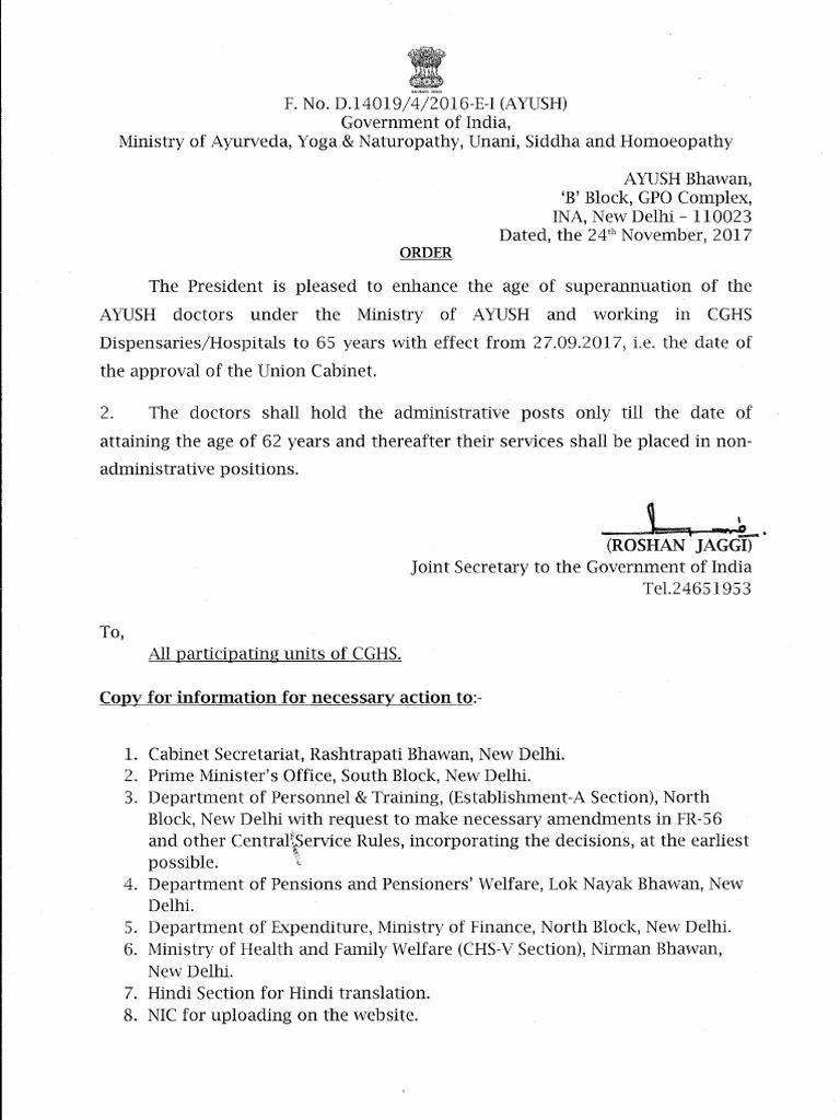 Order Regarding Enhancement of Age of Superannuation of AYUSH Doctors To 65 Years | PDF
