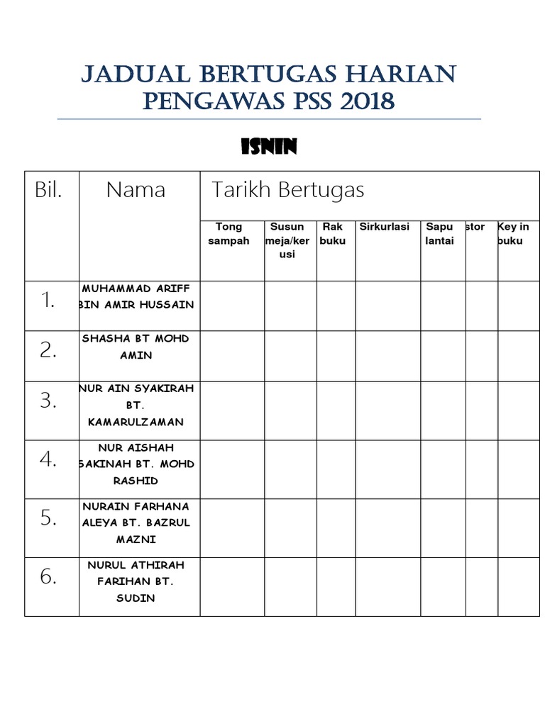 Jadual Bertugas Harian Pengawas Pss Rehat | PDF