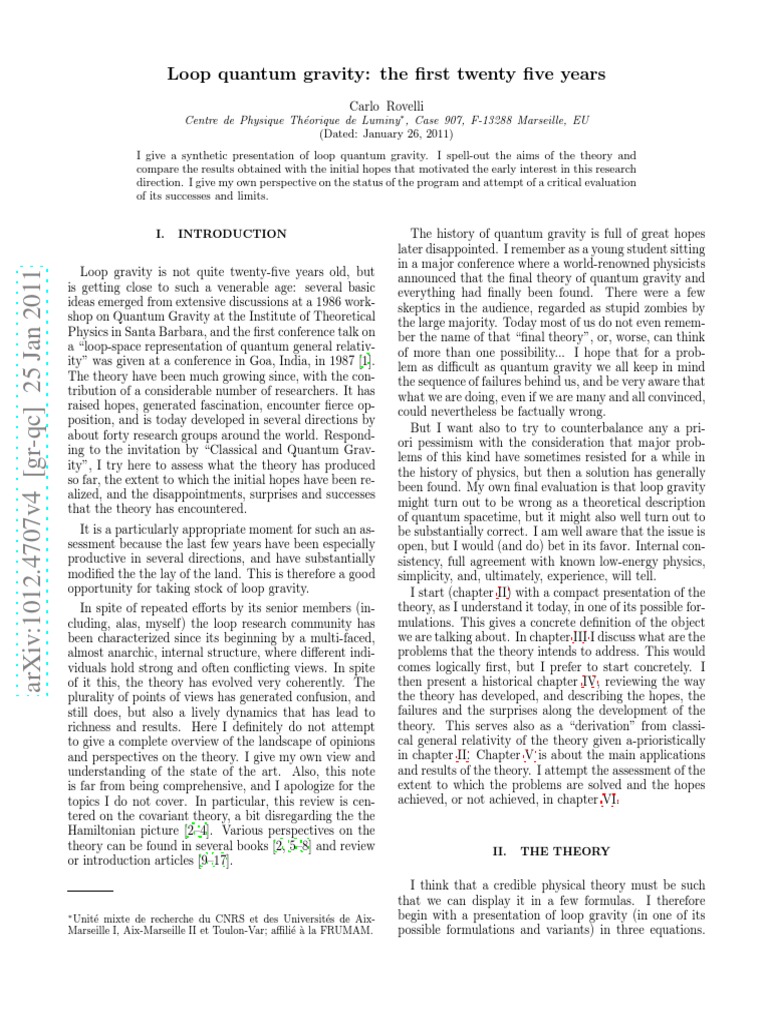 Loop Quantum Gravity The First 25 Years by C Rovelli | PDF | Field (Physics) | Quantum Mechanics