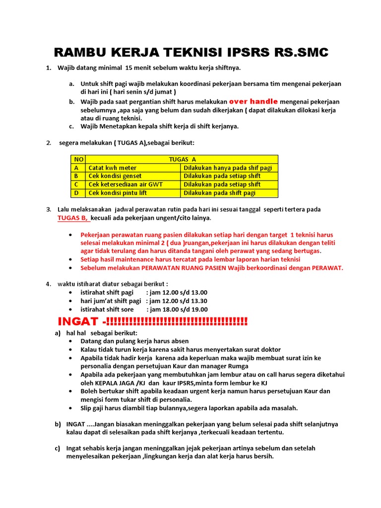 Rambu Rambu Kerja Teknisi Umum IPSRS RS | PDF