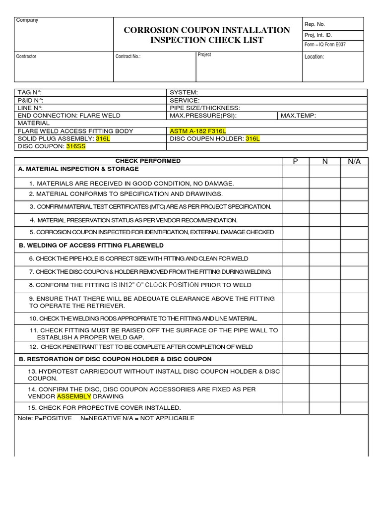Corrosion Coupan Check List | PDF | Pipe (Fluid Conveyance) | Welding