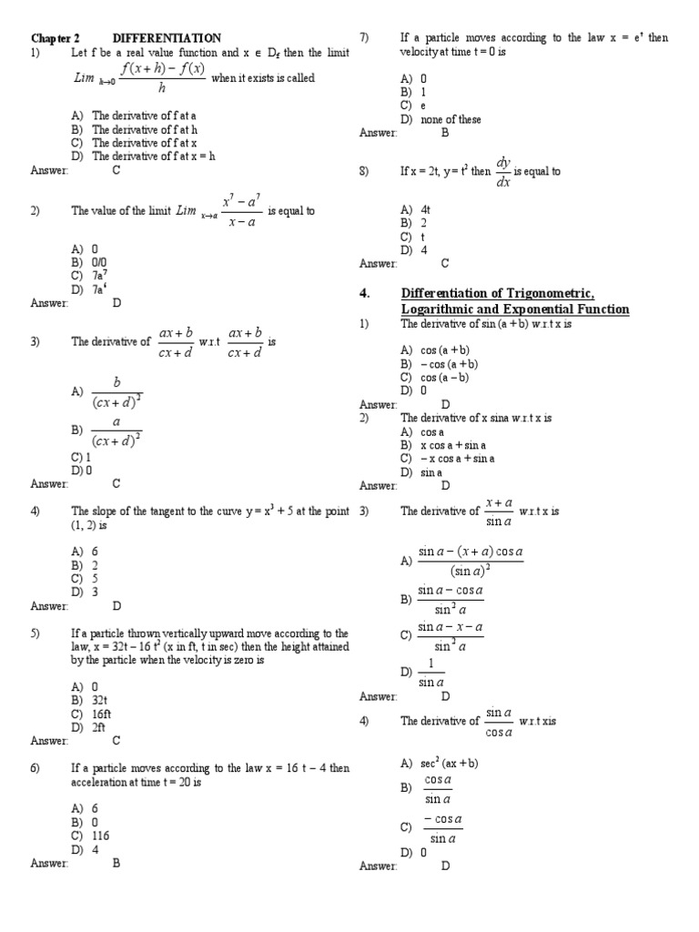 2nd Year Differentiation Mcqs With Answers | PDF | Maxima And Minima ...